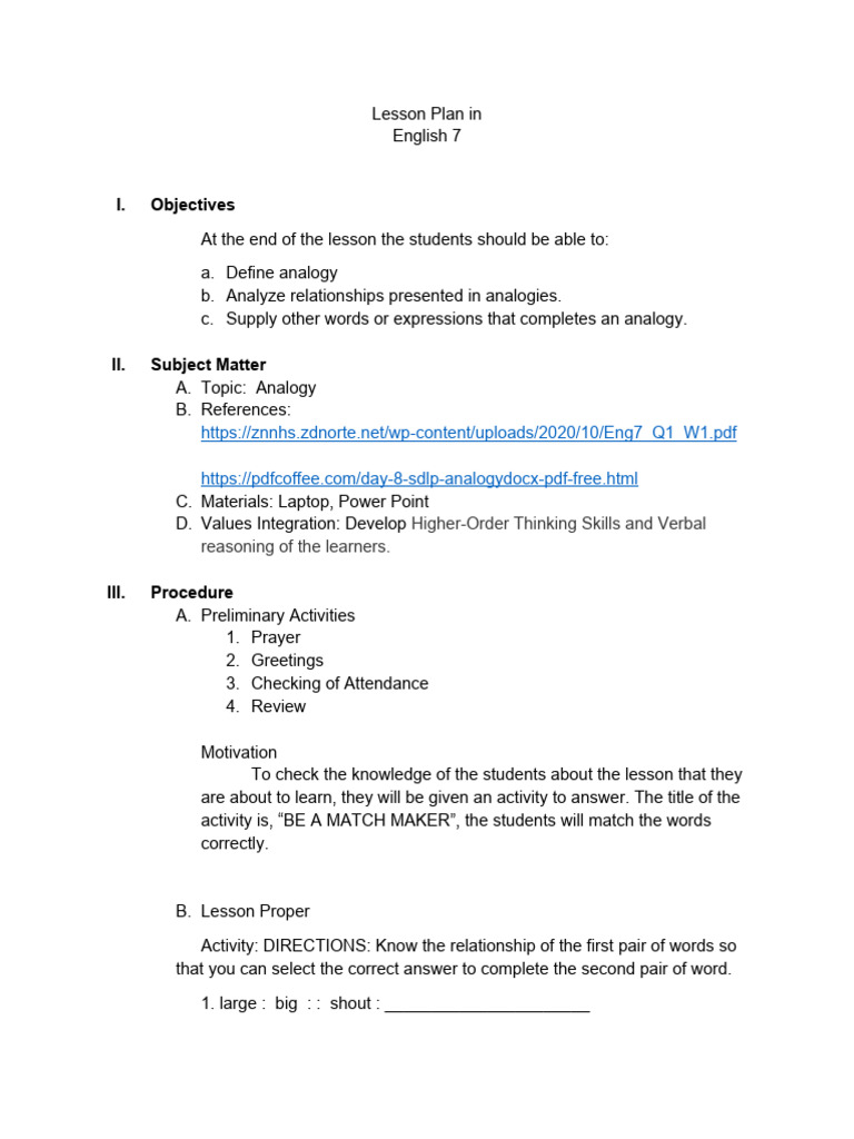 Lesson Plan in | PDF | Lesson Plan | Analogy