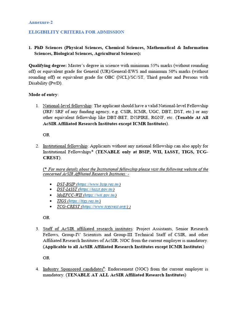 AcSIR - PHD Eligibility Criteria | PDF | Doctor Of Philosophy ...