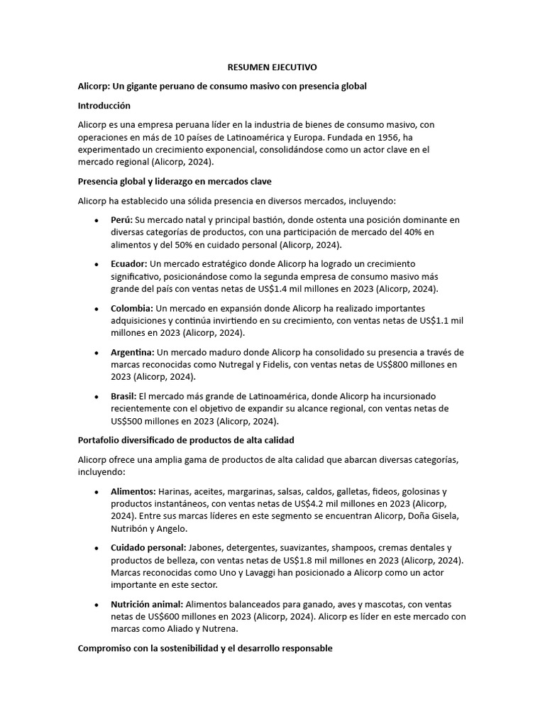 Resumen Ejecutivo Alicorp | Descargar gratis PDF | Sustentabilidad | Perú