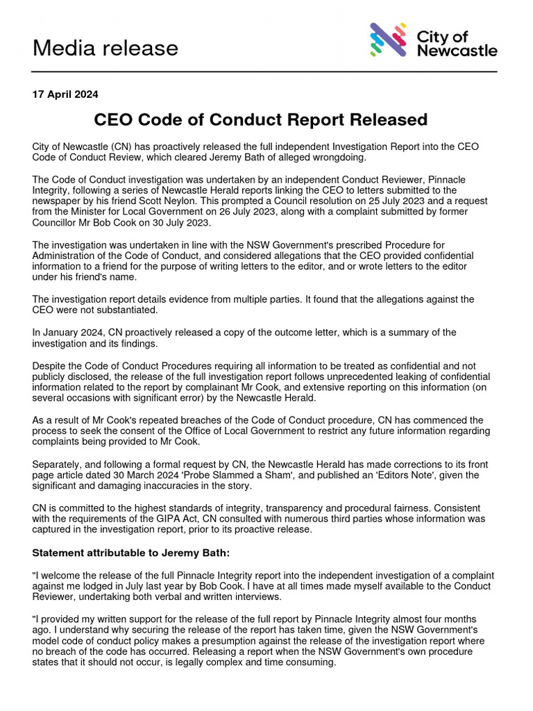 MEDIA STATEMENT CEO Code of Conduct Report Released | PDF | Justice ...