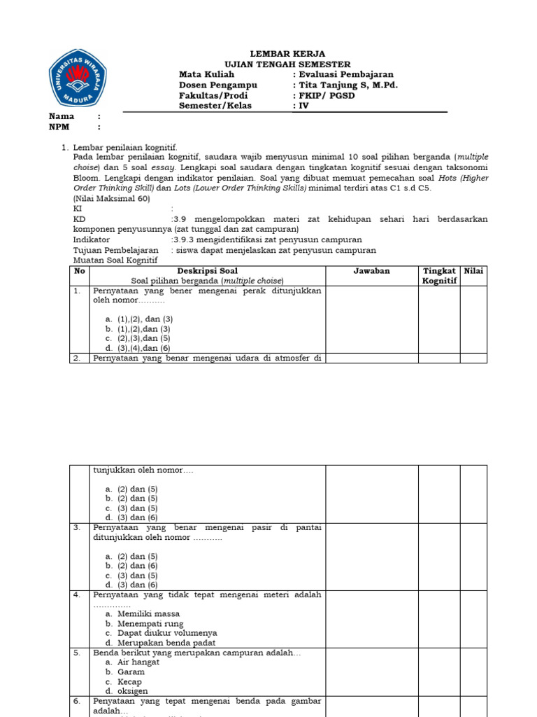 Lembar Kerja Uts Nur Afifa 722720344 Evaluasi 2024 | PDF