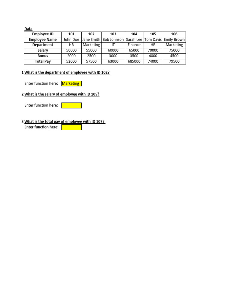HLOOKUP Formula Practice in Excel | PDF