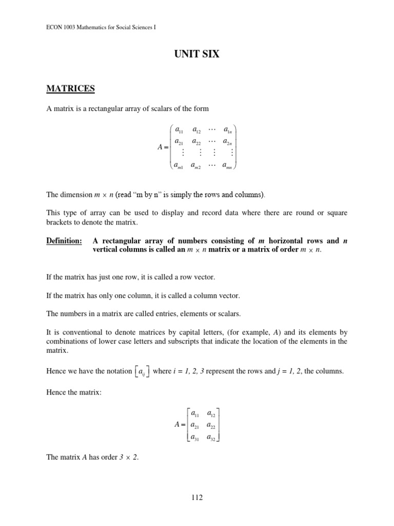Unit Six (10) ECON 1003 MATRICES | PDF | Matrix (Mathematics) | Determinant