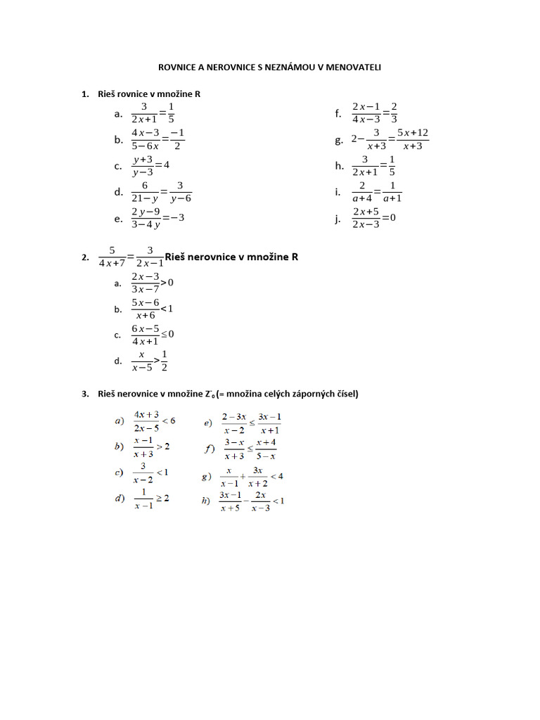 Príklady Na Rovnice A Nerovnice S Neznámou V Menovateli | PDF