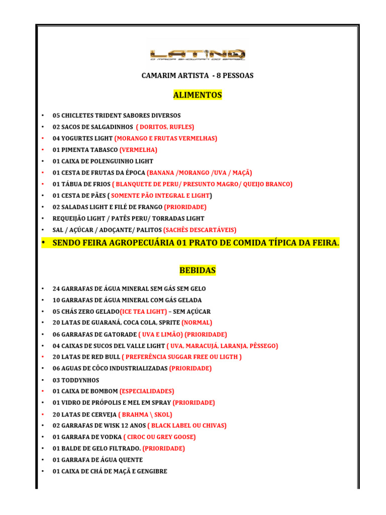 Lista de Camarim para Artista | PDF | Alimentos