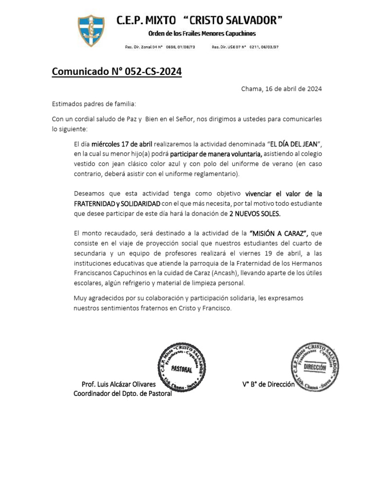 Comunicado #052-CS-2024 Día Del Jean - Misión Caraz | PDF