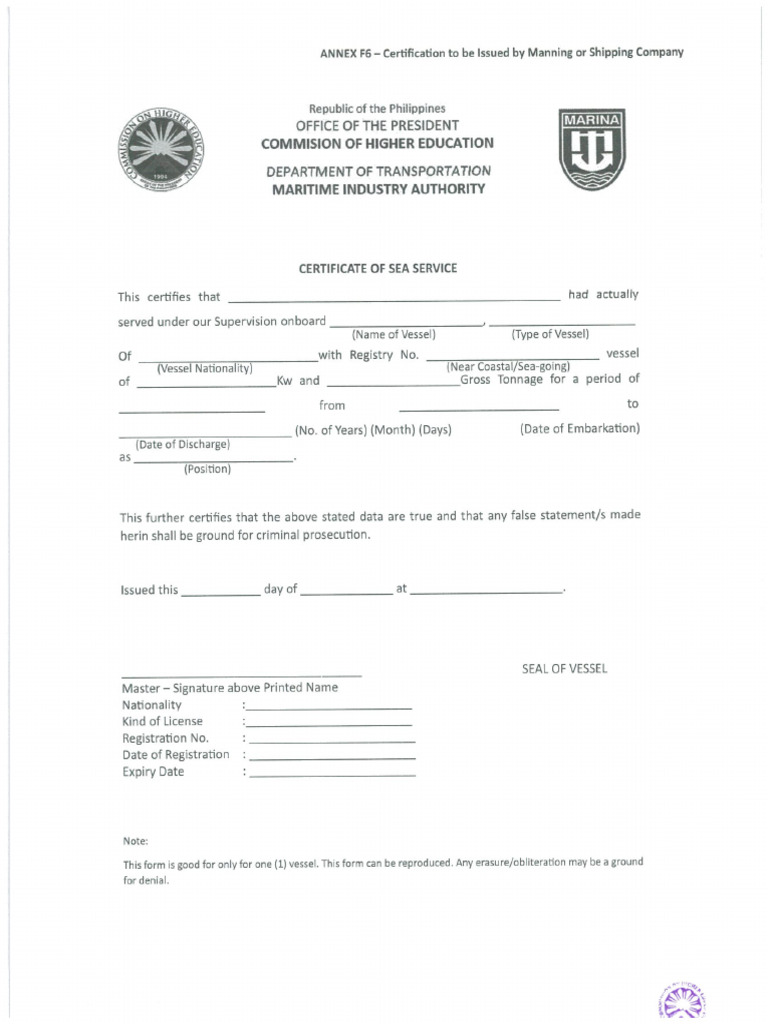 JCMMC 1 S. 2023 ANNEX F6 Certification Be Issued by Manning | PDF
