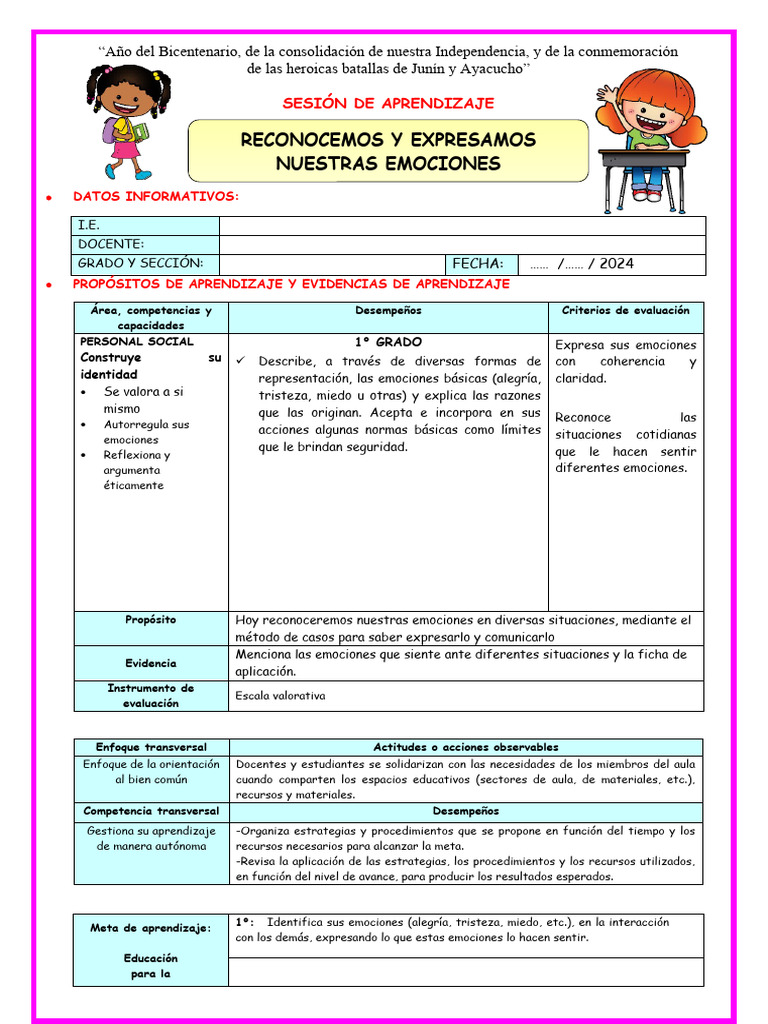 U1 S2 Sesion D1 PS Reconocemos y Expresamos Nuestras Emociones | PDF | Las emociones | Aprendizaje