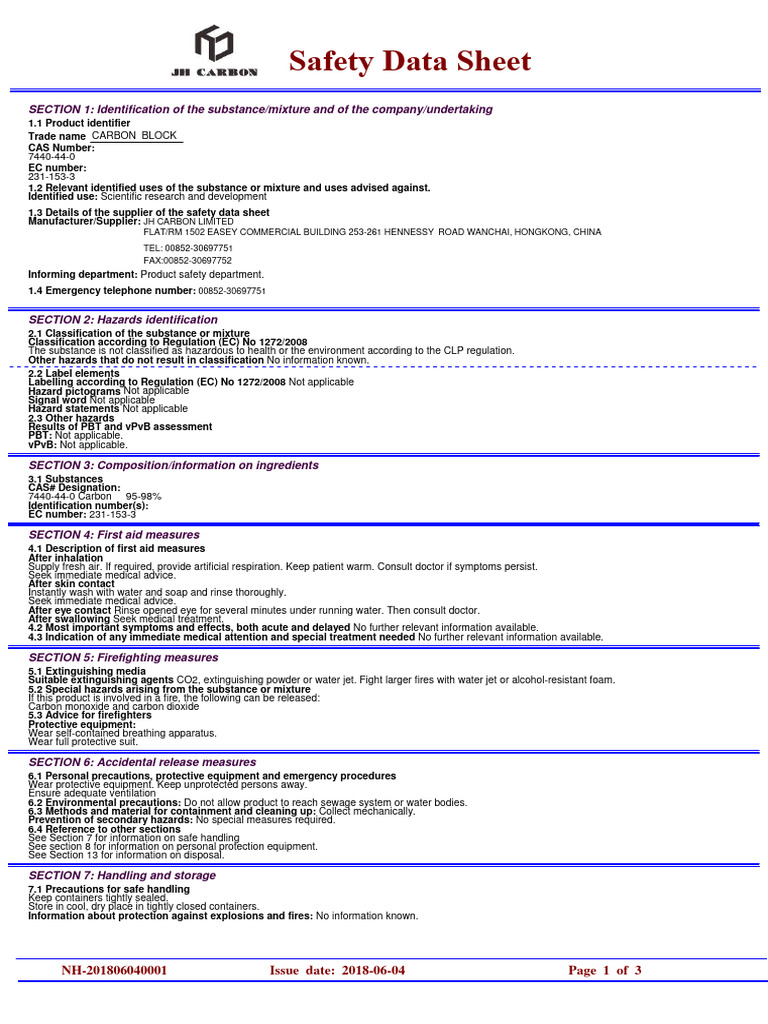 Carbon Block MSDS | PDF | Toxicity | Dangerous Goods