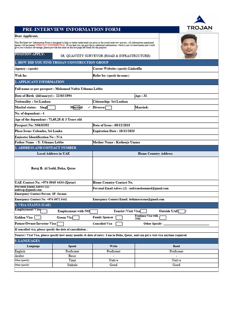 Applicant - Pre-Interview Form | PDF | United Arab Emirates | Travel Visa