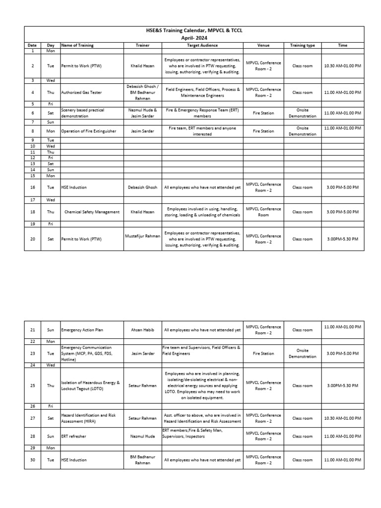 HSE&S Training Calendar April-2024 | PDF | Labor Relations | Hazards