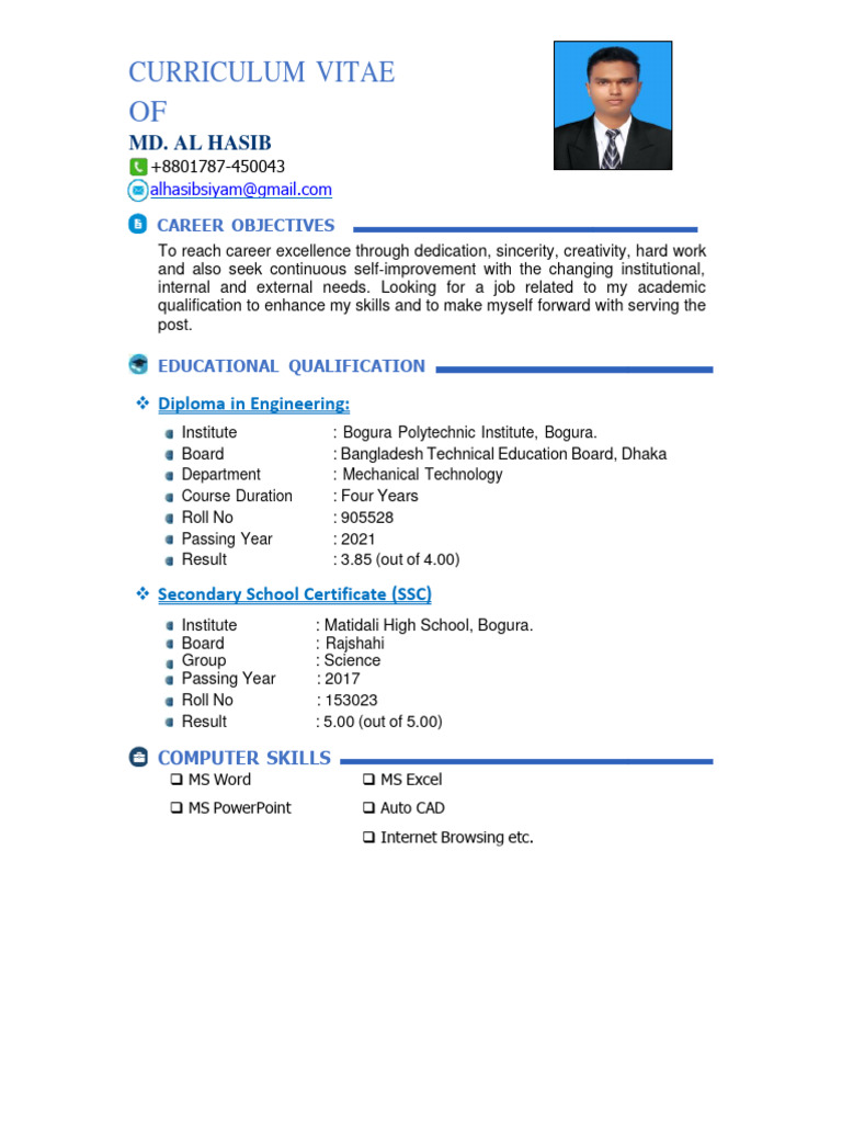 Md. Al Hasib CV | PDF | Career & Growth