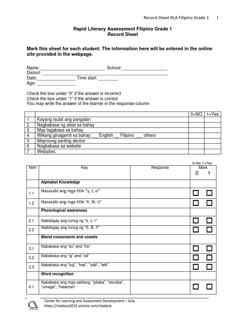 Record Sheet RLA Filipino Grade 1 | PDF