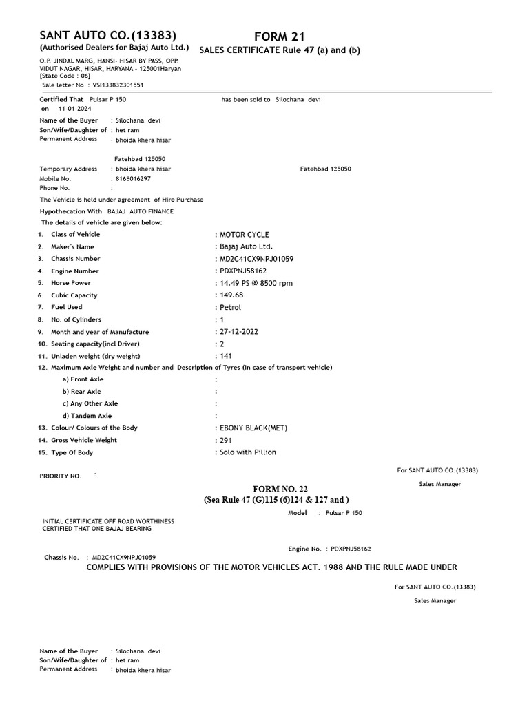 Form 21 SANT AUTO CO. (13383) : SALES CERTIFICATE Rule 47 (A) and (B ...