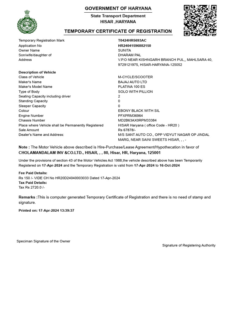Temporary Registration Certificate - Haryana | PDF | Land Vehicles ...