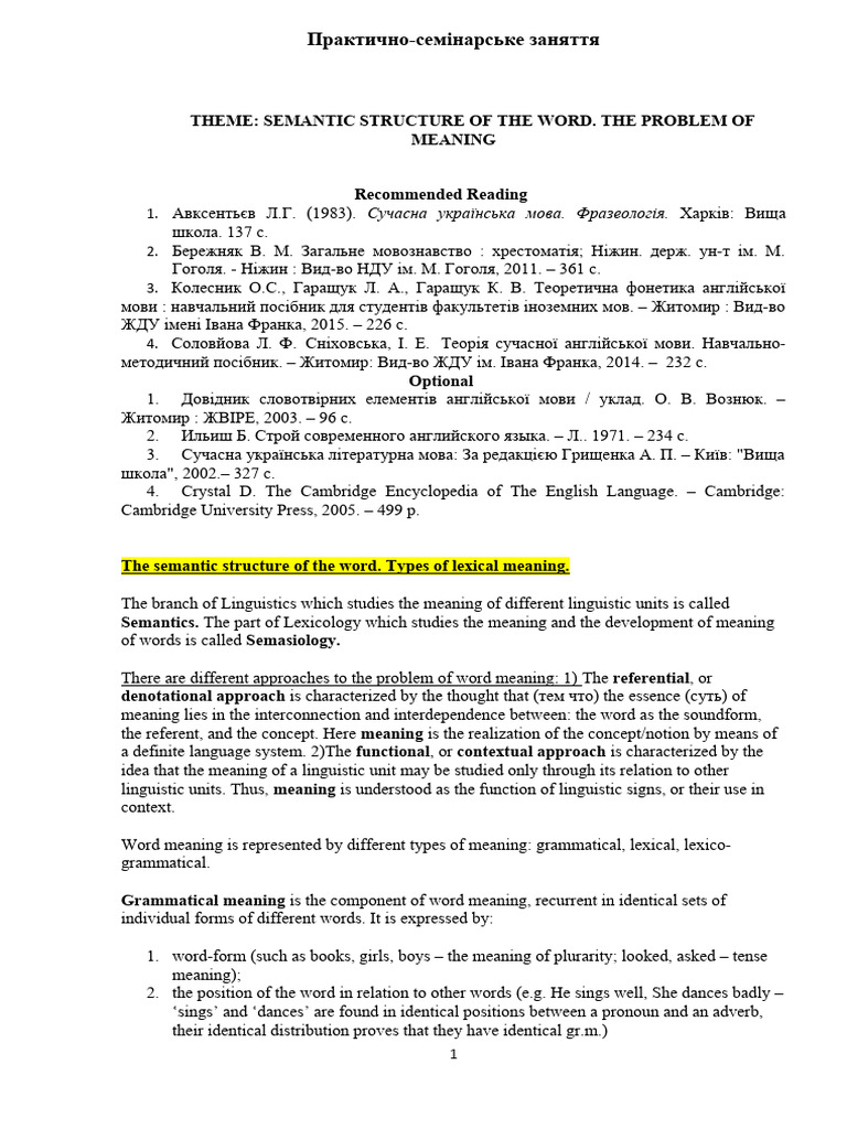 3 Semantic Structure of The Word. The Problem of Meaning | PDF ...