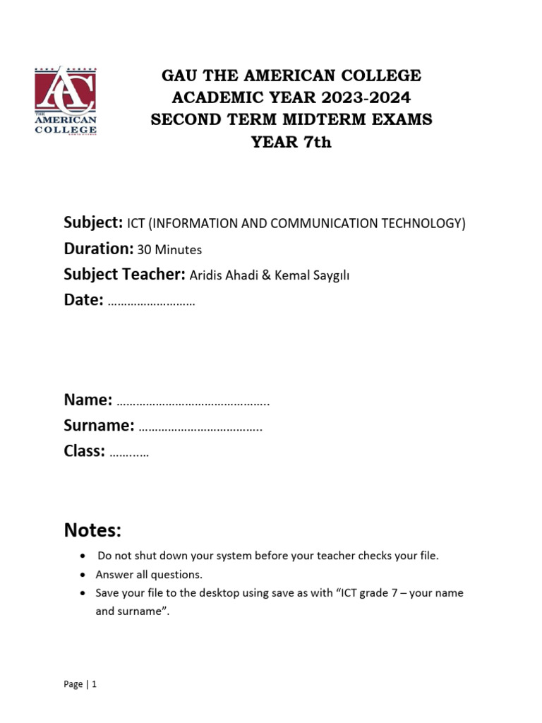 SECOND SEMETER MIDTERM EXAM - ICT - 7th | PDF | Computers