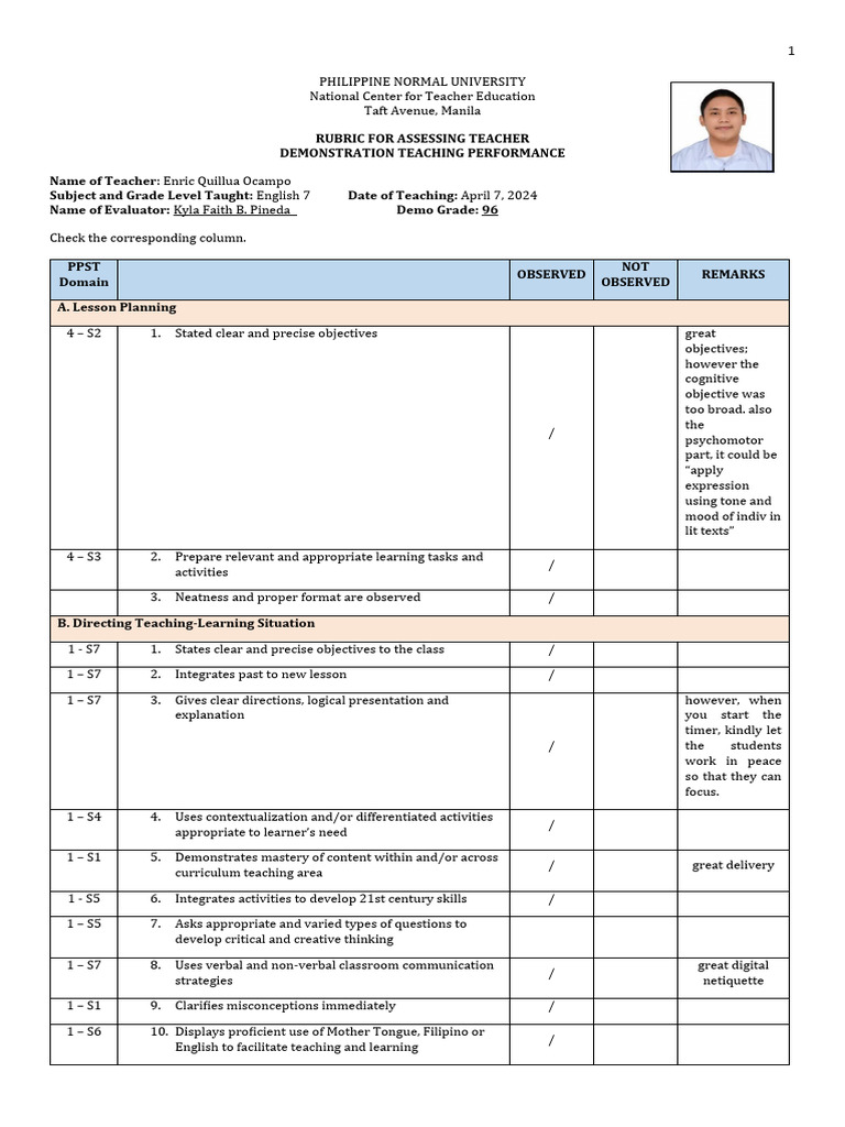 Teacher Performance Assessment Rubric | PDF | Learning | Teachers