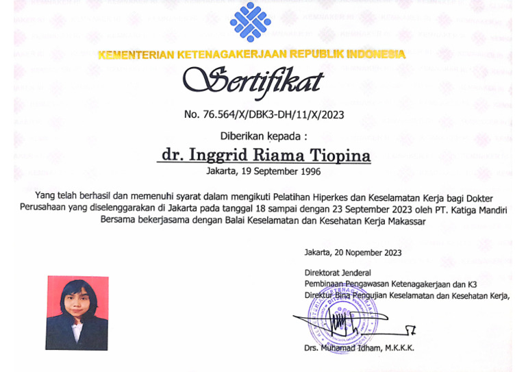 Sertifikat Hiperkes Inggrid Riama | PDF