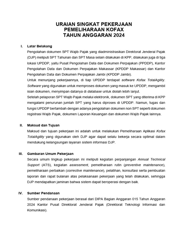 Uraian Singkat Pekerjaan Pemeliharaan Kofax 2024 | PDF