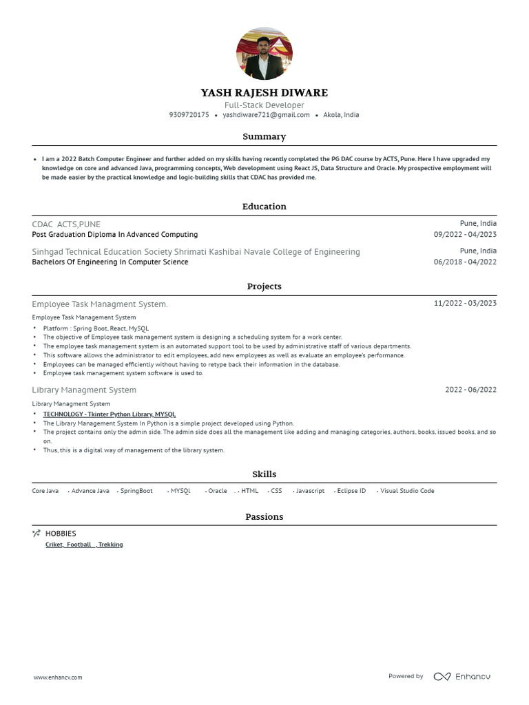 Yash Rajesh Diware Resume | Download Free PDF | My Sql | Java ...