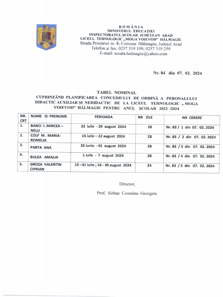 Planificare Zile Concediu 2024 Auxiliar Si Nedidactic | PDF