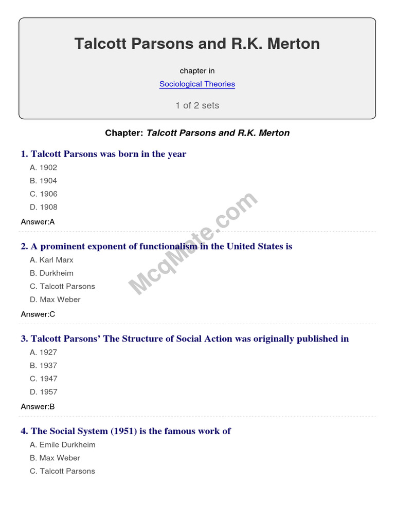 Talcott Parsons: Key Theories and Concepts | PDF | Behavioural Sciences ...