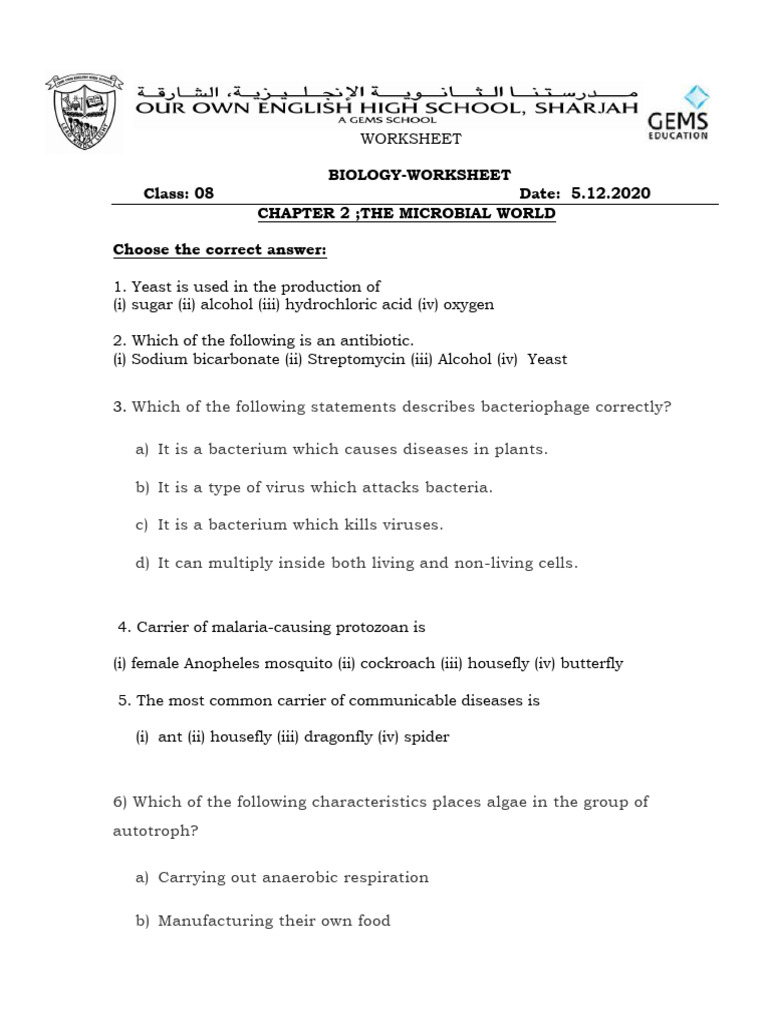 Microbial World Worksheet | PDF