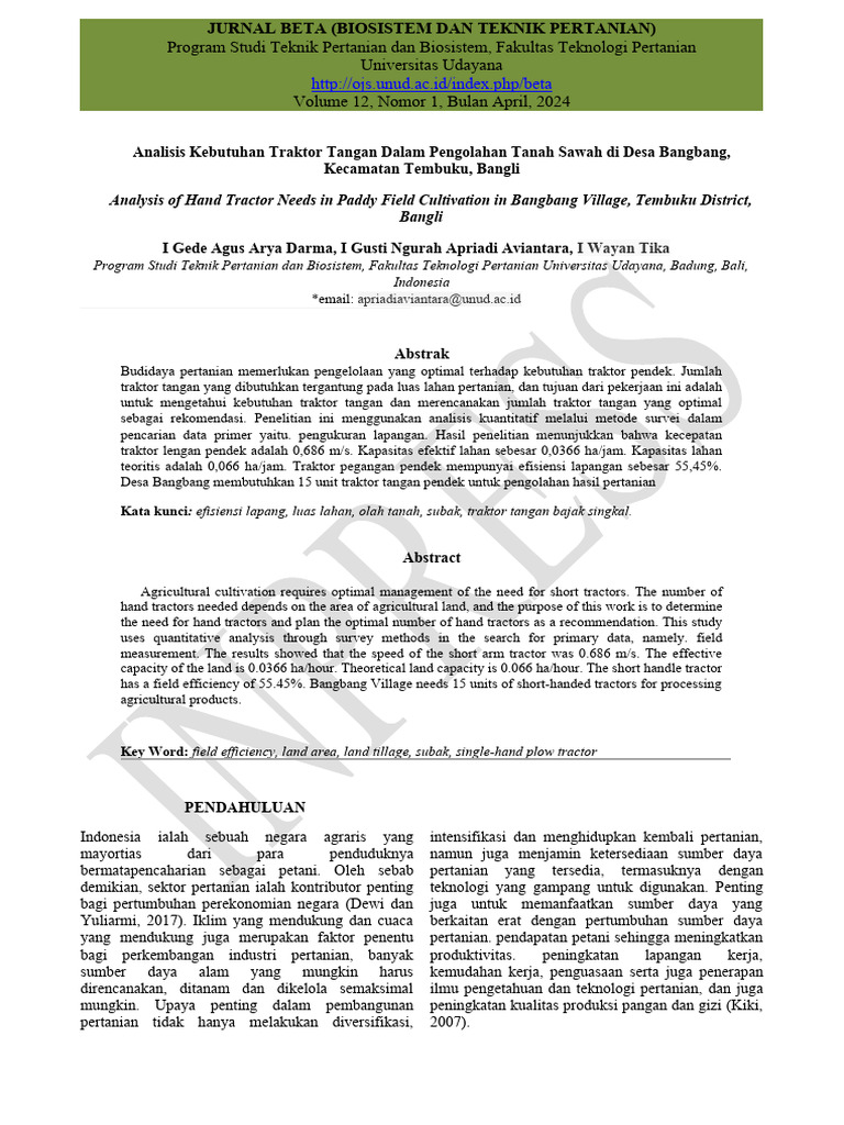 Program Studi Teknik Pertanian Dan Biosistem, Fakultas Teknologi Pertanian Universitas Udayana ...