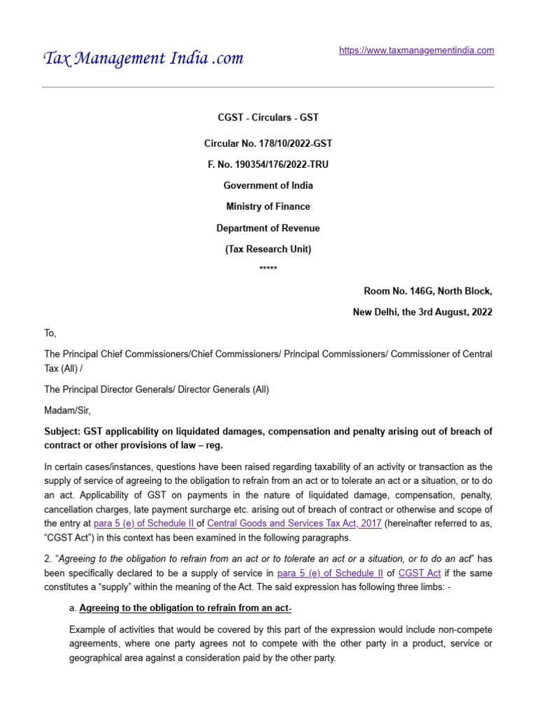 GST - CGST - Circulars - 178-10-2022 Dated - 03 August 2022 | PDF ...