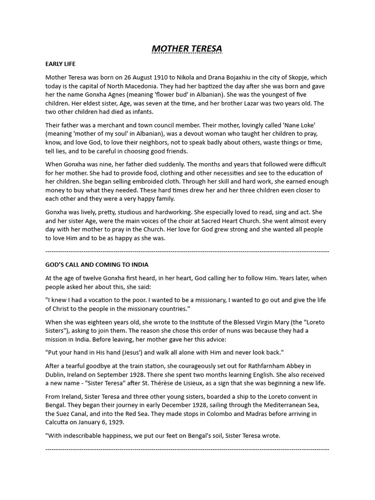 Mother Teresa: Early Life | PDF | Mother Teresa | Miracle