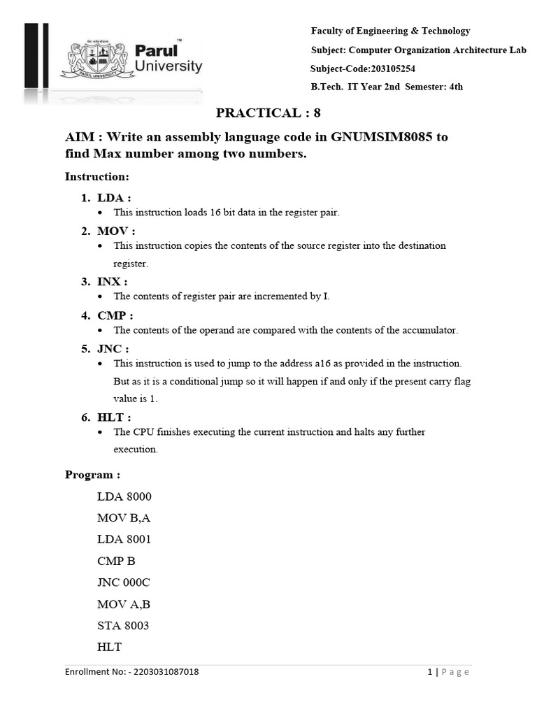 Practical: 8 AIM: Write An Assembly Language Code in GNUMSIM8085 To Find Max Number Among Two ...
