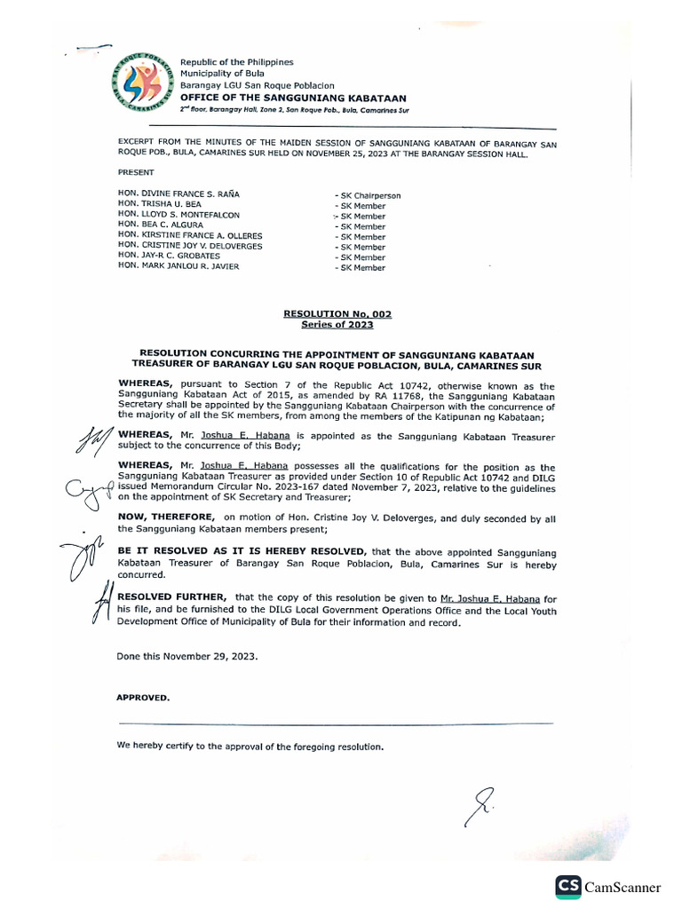 Resolution For Appointment of SK Treasurer | PDF