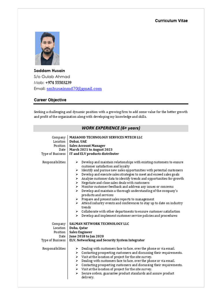 Resume Saddam Husain | PDF | Sales | Business