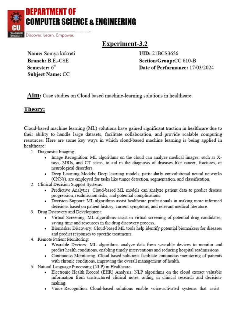 Computer Science & Engineering: Experiment-3.2 | PDF | Machine Learning | Cloud Computing