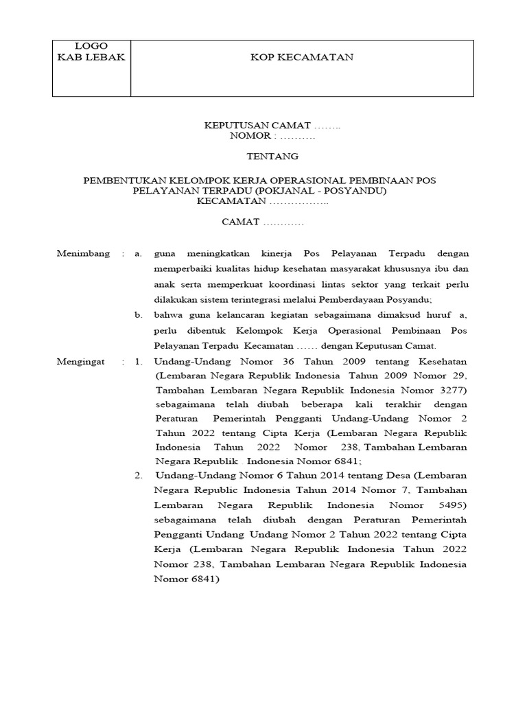 Contoh SK Pokjanal Kecamatan Revisi | PDF