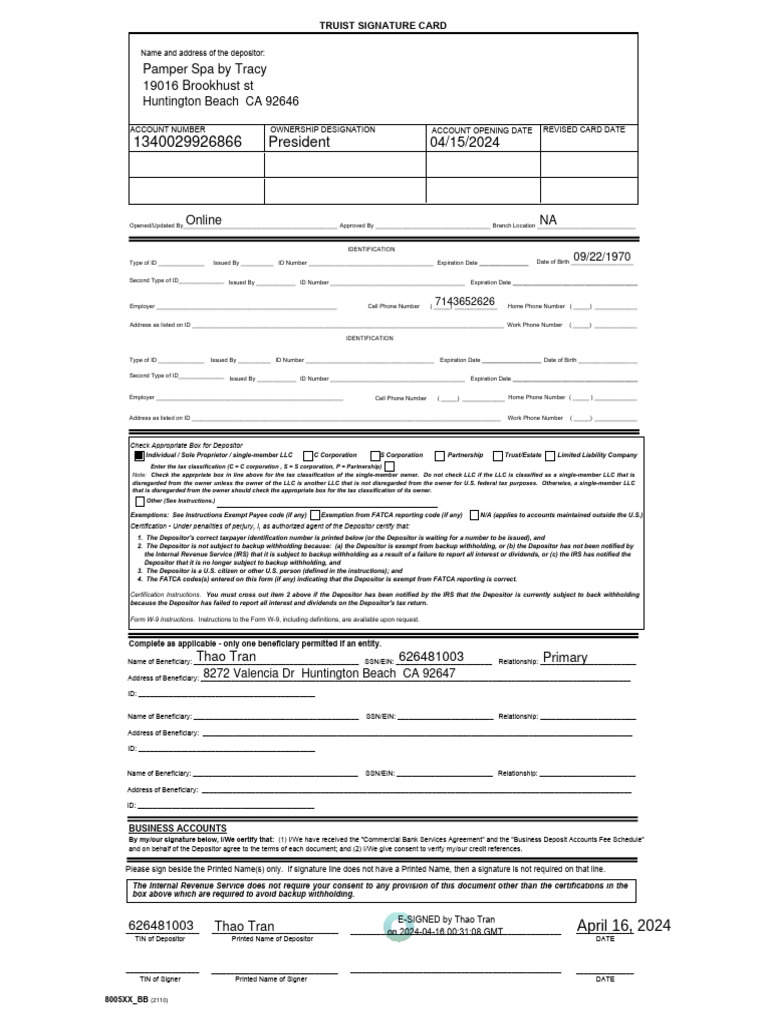 Signature Card | PDF | Limited Liability Company | Social Security Number