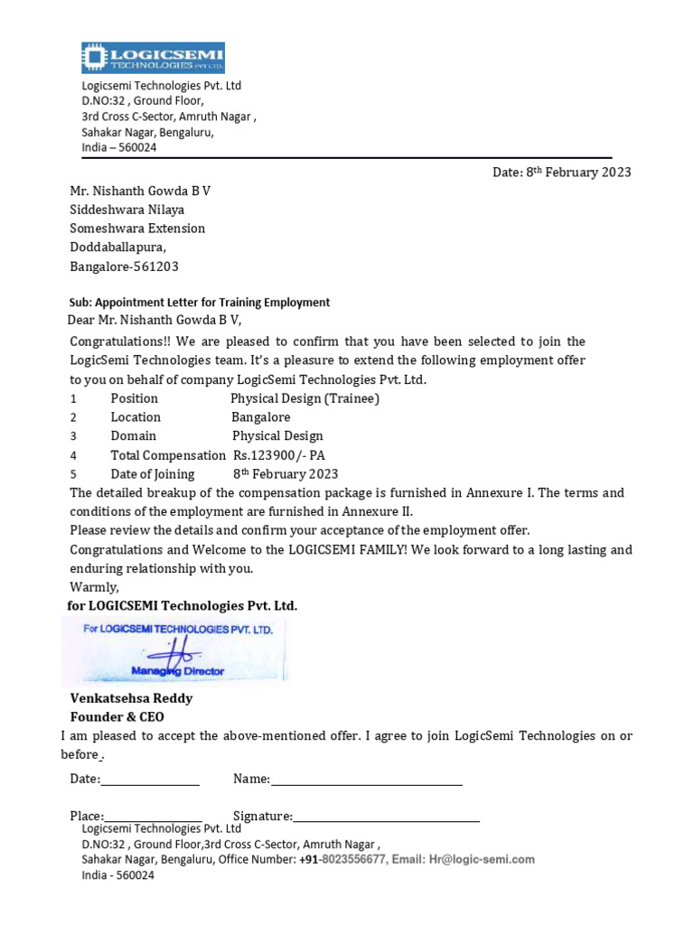 Appointment Letter for Nishanth Gowda | PDF | Breach Of Contract | Trade Secret