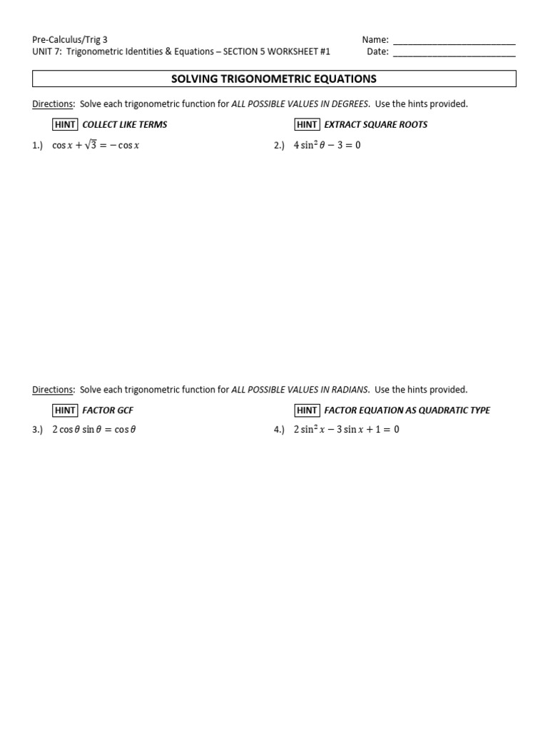 Trigonometric Equations Worksheet | PDF | Trigonometric Functions ...