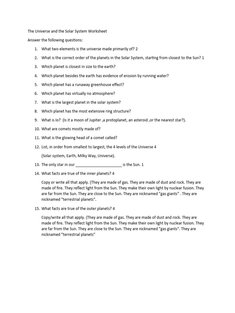 Universe and Solar System Worksheet | PDF | Foreign Language Studies ...