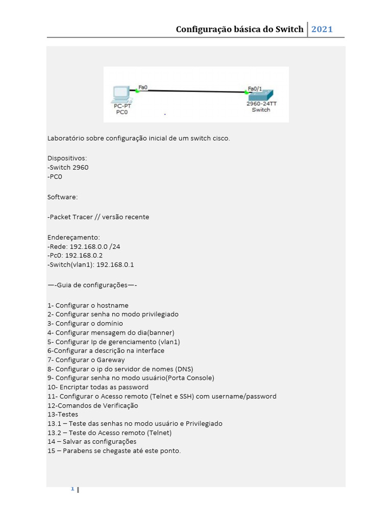 Laboratório Sobre Configuração Inicial 1 Switch Cisco 2021 | PDF ...