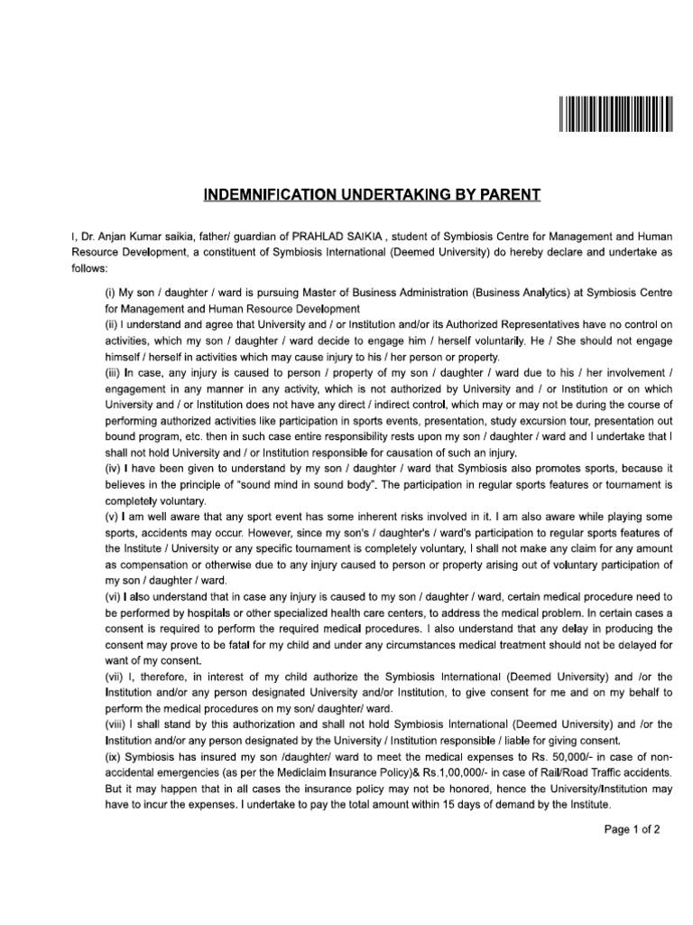 Indemnification Undertaking by Parents | PDF