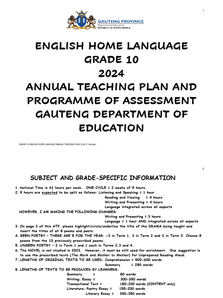 Grade 10 English Home Language Annual Teaching Plan - 2024 - Fs - Gde ... Grade 10 English Home Language Annual Teaching Plan - 2024 - Fs - Gde ...