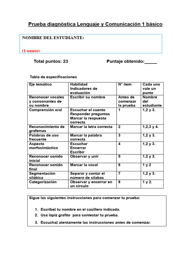 Prueba Evaluacion Diagnóstica Lenguaje y Comunicación 1 Basico | PDF ...