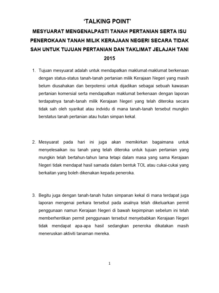 Talking Point Mesyuarat Tanah Pertanian 25 Mac 2015 | PDF