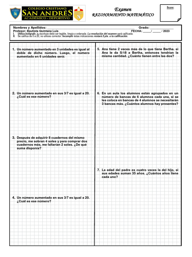 Exam 1ero, 2do Raz Matemático Prof Bautista | PDF