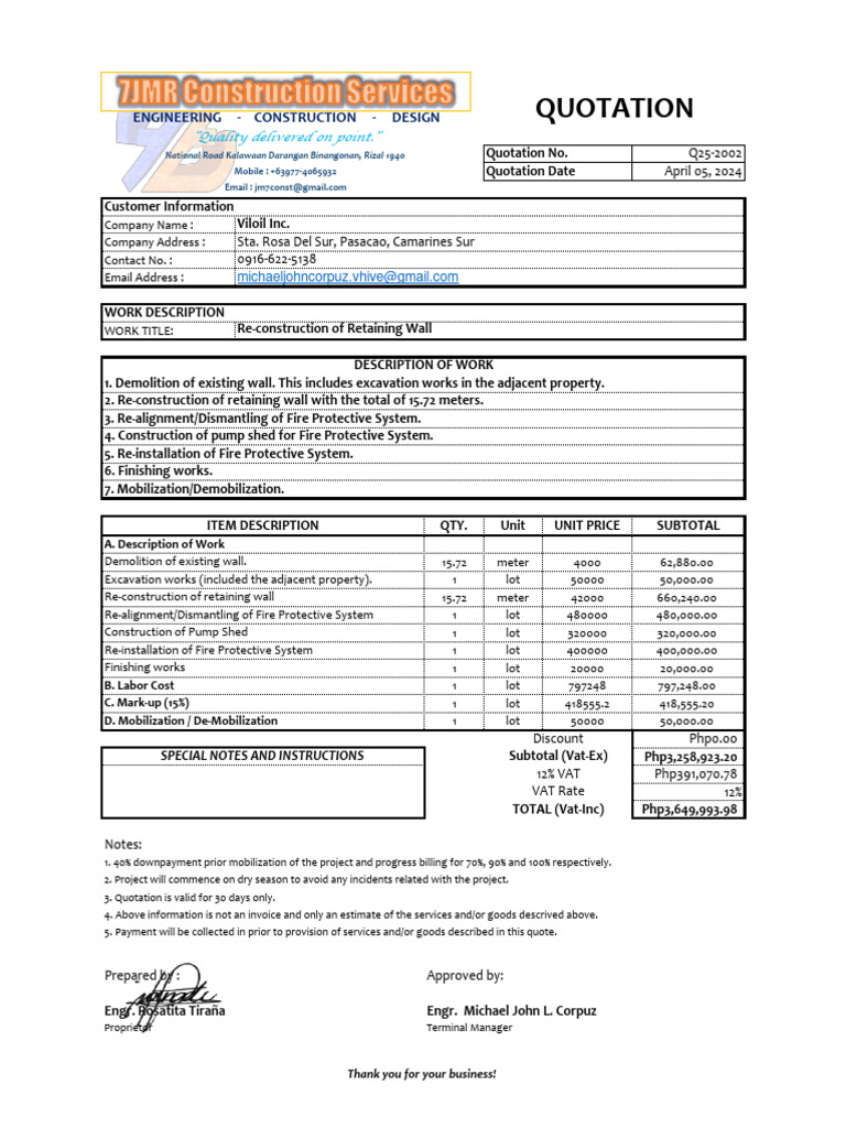 Quotation 24-2002 Retaining Wall - Pasacao | PDF