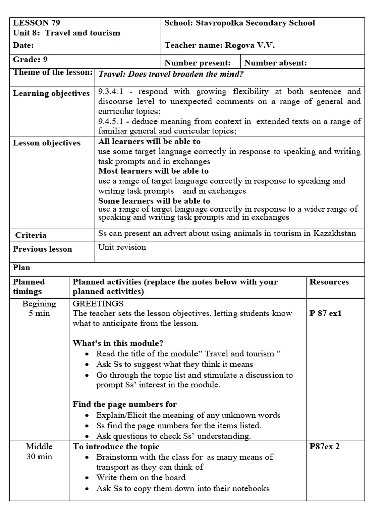 Travel and Tourism Lesson Plans | PDF | Second Language | Verb
