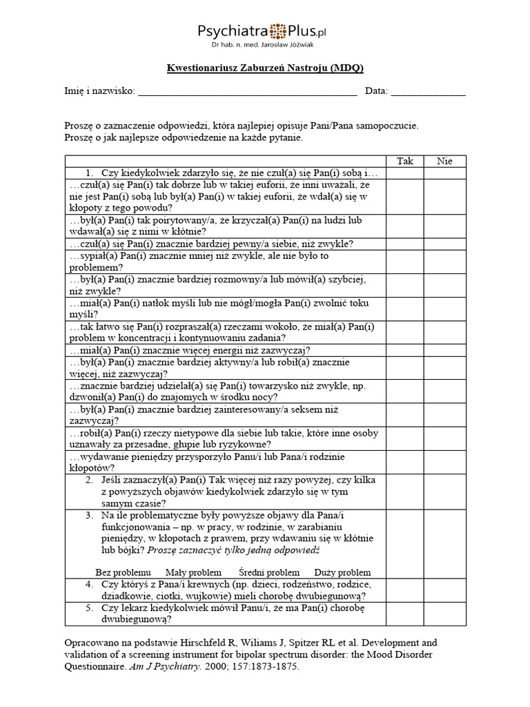 Kwestionariusz Zaburzen Nastroju MDQ | PDF