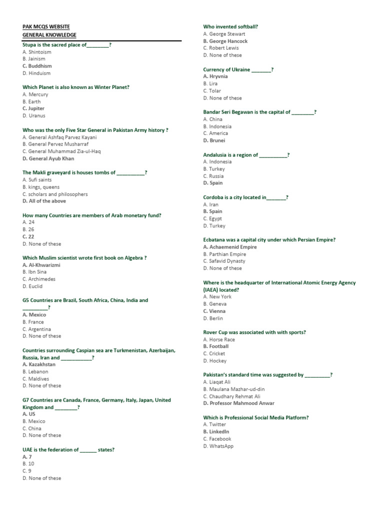 General Knowledge Pak Mcqs | PDF